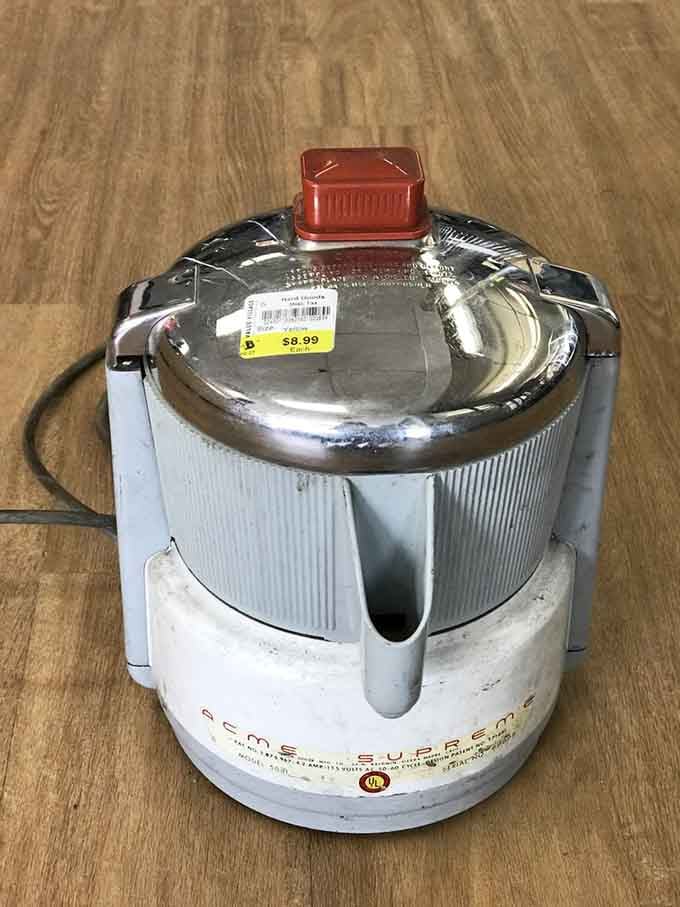 This chrome juicer screams mid-century modern, a functional art piece that actually works for pennies on the dollar.
