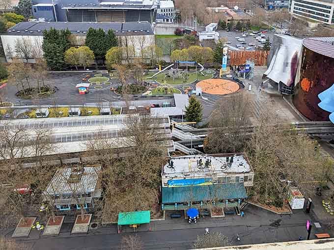 From above, this playground looks like someone spilled a box of colorful toys across Seattle Center perfectly.