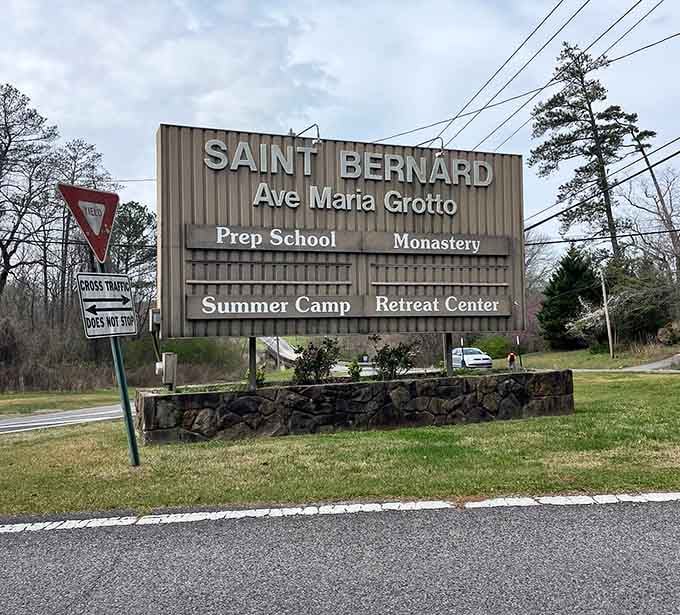 The entrance sign promises prep school, monastery, and grotto, which is quite possibly the most unique combination in Alabama.