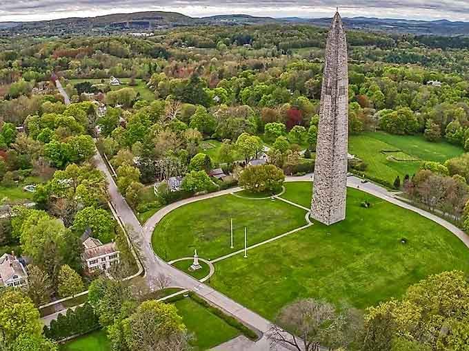 From above, Bennington reveals its perfect balance of nature and civilization, with the monument standing sentinel over a patchwork of green spaces and historic homes.