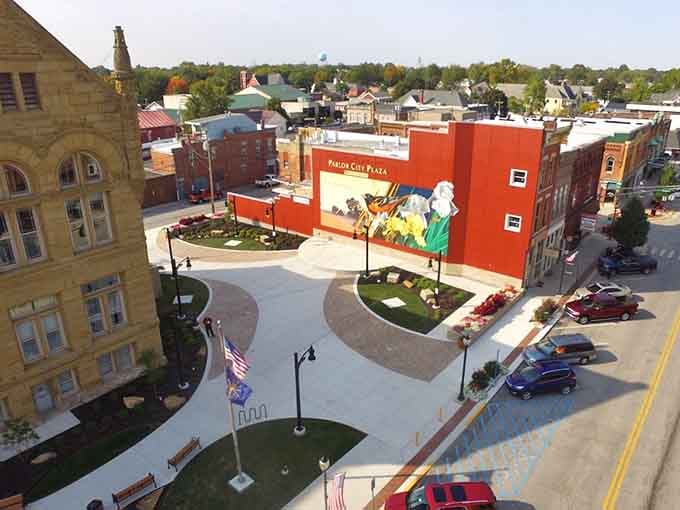 From above, Bluffton's downtown reveals its compact charm and the courthouse that anchors the entire community.