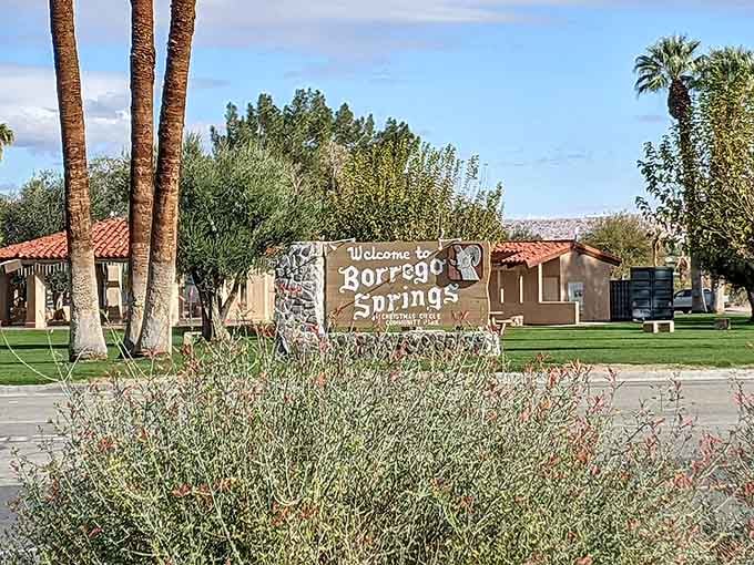 The welcome sign doesn't oversell anything, just states the facts about this International Dark Sky Community with quiet confidence.