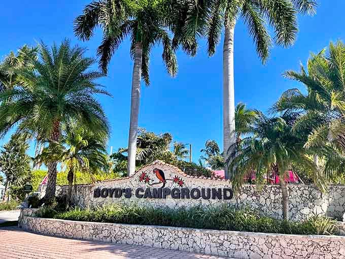 The entrance sign featuring a lobster promises exactly what's inside: authentic Keys living at its finest.