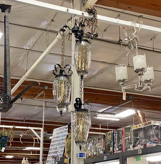 Ornate chandeliers hang overhead like jewelry for your ceiling, waiting to illuminate someone's dining room.