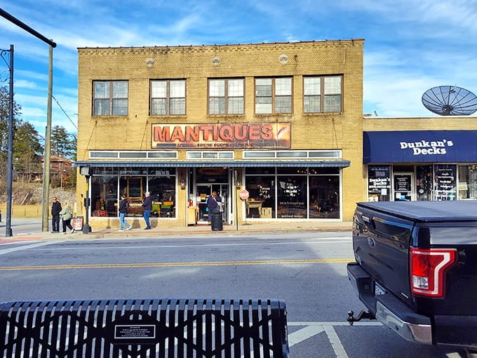 The Mantiques storefront proves that antique shopping in Brevard comes with character, personality, and probably some stories you'll never forget.