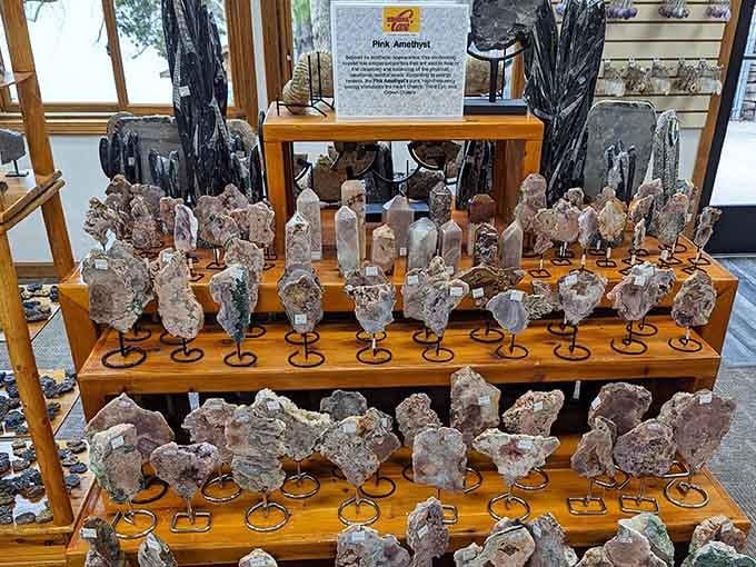The gift shop's pink amethyst collection proves Missouri's underground treasures extend beyond the cave itself.