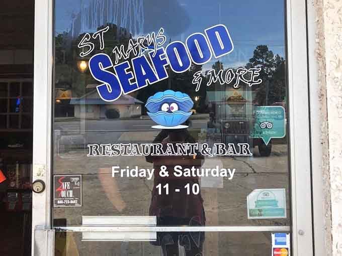 The window sign tells you everything you need to know: great seafood awaits inside. Those weekend hours are like a promise of good times ahead.