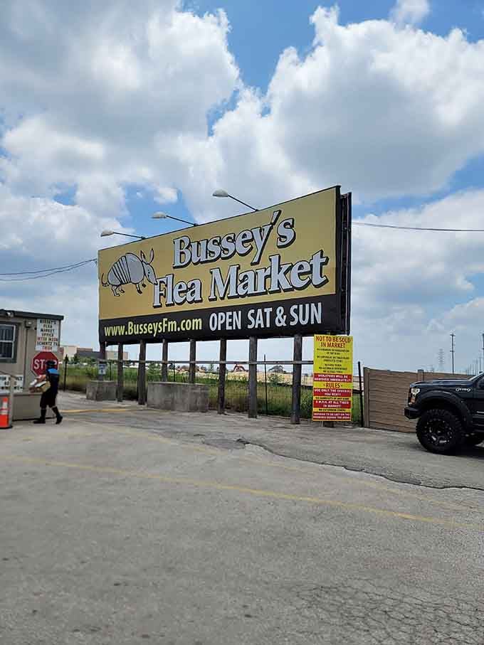 The iconic Bussey's sign welcomes weekend bargain hunters to their Saturday and Sunday treasure hunting headquarters in Schertz.