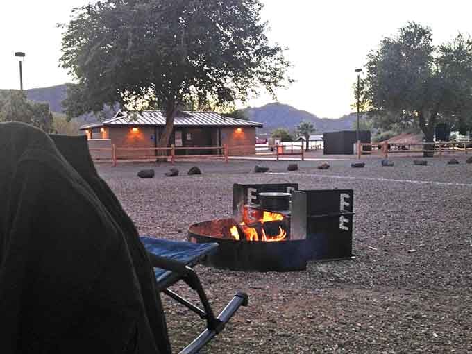 Campfire magic as twilight falls. There's something primal and perfect about watching flames dance while darkness embraces the desert.