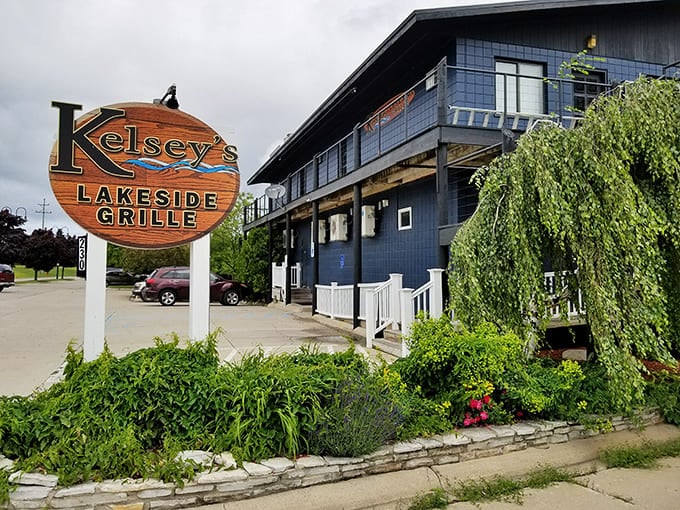 Kelsey's Lakeside Grille sits ready to refuel hungry explorers after a day of mushroom house hunting and waterfront wandering.