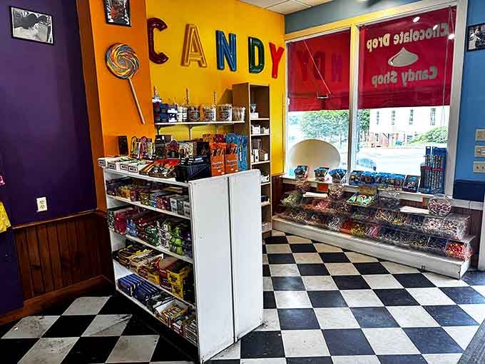 The Chocolate Drop Candy Shoppe's checkerboard floor and rainbow-colored walls promise a sugar rush even before you sample the goods. Retirement diet plans beware!