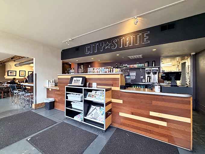 The counter area where orders come together and the magic happens behind that welcoming wooden facade.