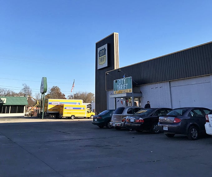 The parking lot tells the story: this place is popular, and those yellow donation trucks keep the treasures flowing.