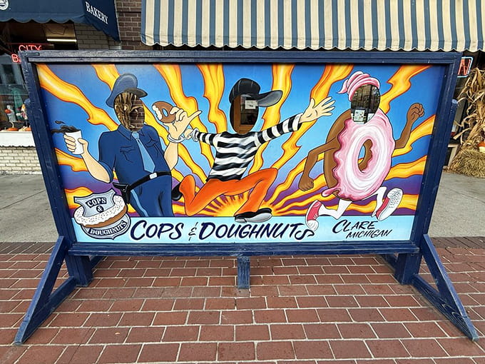 Whimsical street art celebrates the joyful absurdity of officers who fight crime and fry doughnuts with equal dedication.