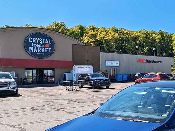 Crystal Fresh Market serves the community with groceries and hardware, proving small towns still support their local businesses.
