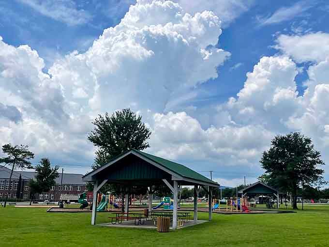 Green space surrounds the community pavilion where families gather for celebrations that don't require a single electronic device to enjoy.