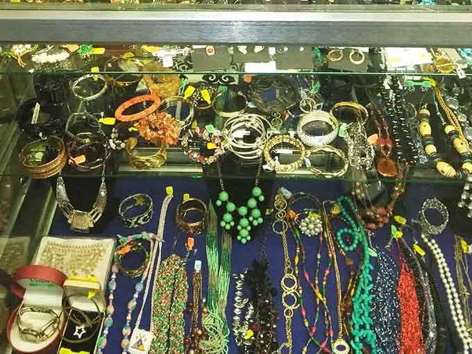 Jewelry sparkling under glass, offering the perfect accessories without requiring a second mortgage to afford them.