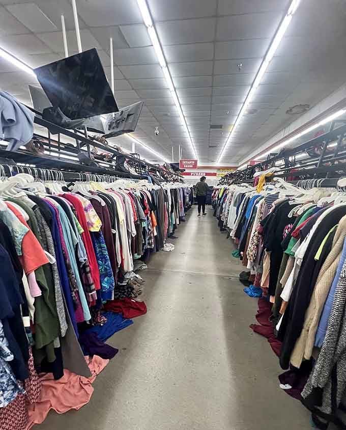 Walking down these clothing canyons feels like exploring a fashion wonderland where everything costs less than lunch out.