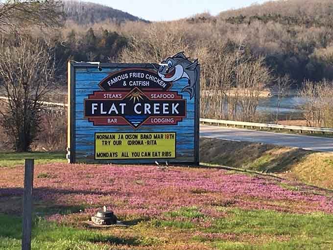 The roadside sign promises fried chicken and catfish, which is basically the Lake of the Ozarks dinner bell.