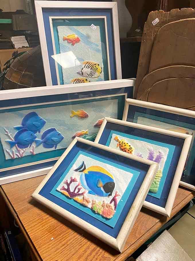 Framed fish art that's oddly mesmerizing, proving that sometimes the quirkiest finds make the best conversation starters at home.