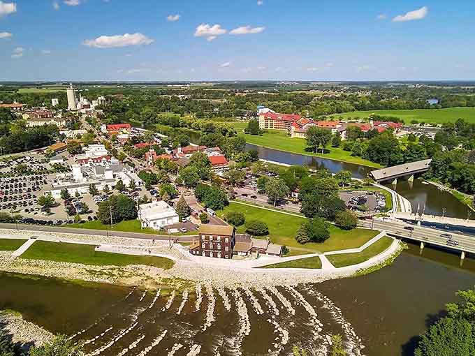 From above, Frankenmuth reveals itself as a carefully planned village where German heritage meets Michigan landscape perfectly.