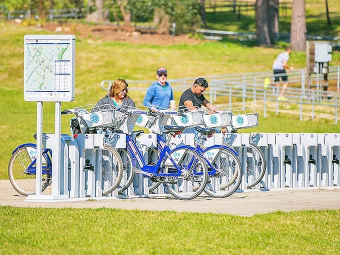 Bike-sharing stations make exploring the park's trails accessible to everyone, because sometimes four wheels are better than two feet.