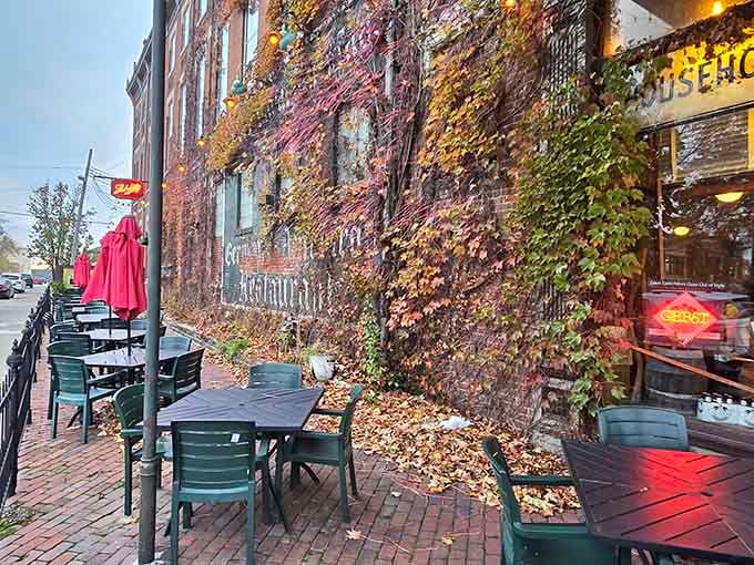 Outdoor seating where you can enjoy your bratwurst while watching the world go by, European caf&eacute; style.