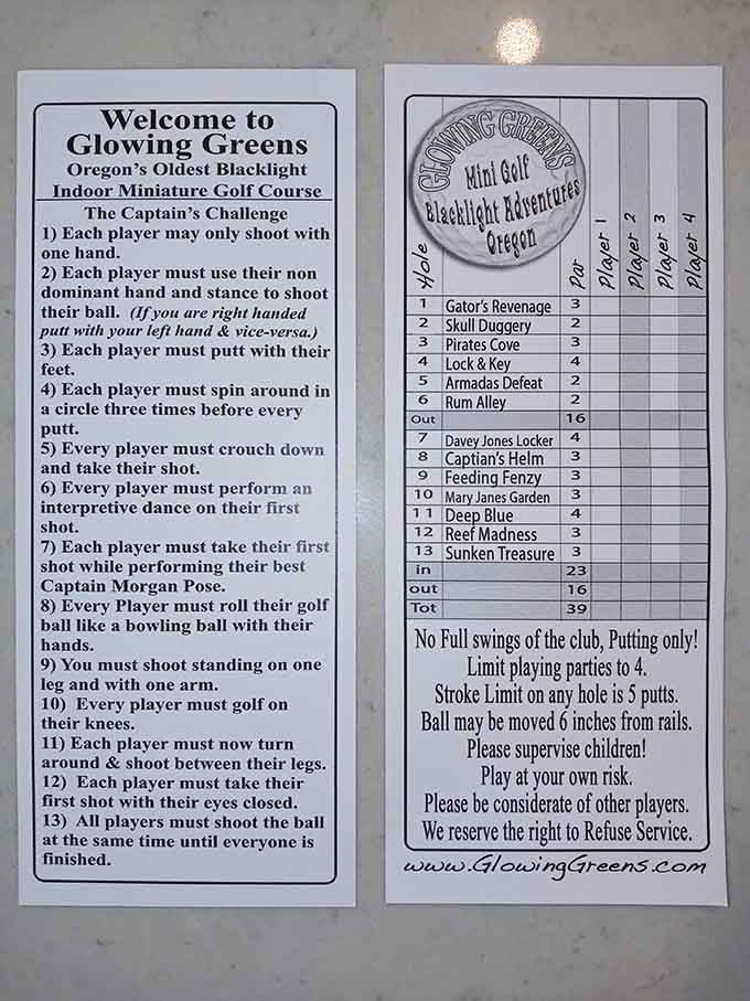 The scorecard lists holes with names like Skull Duggery, because regular numbers weren't pirate enough.