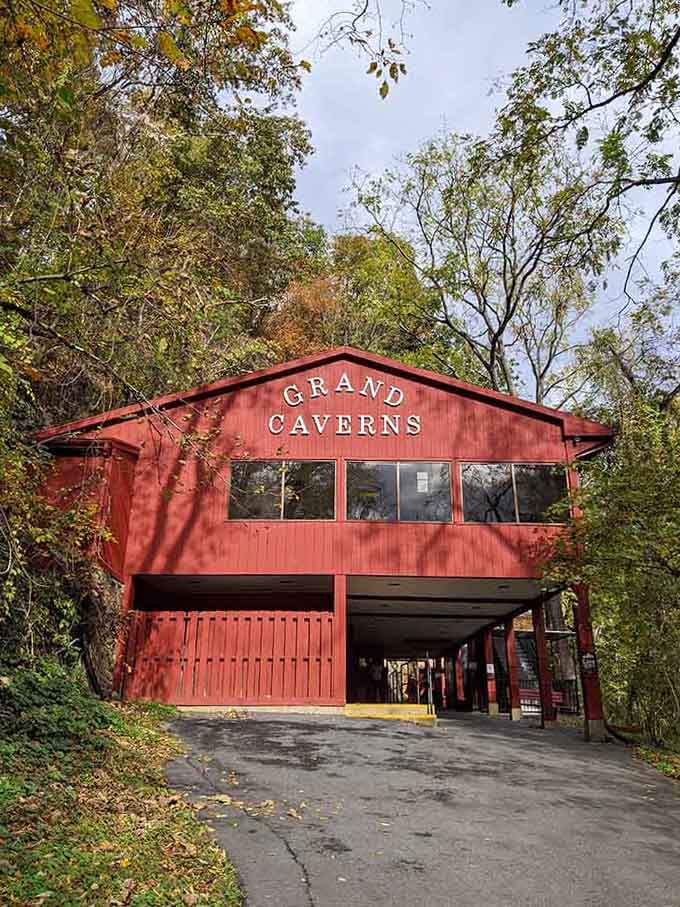 The red building marks your gateway to underground wonders, standing ready to launch your journey into Virginia's geological past.