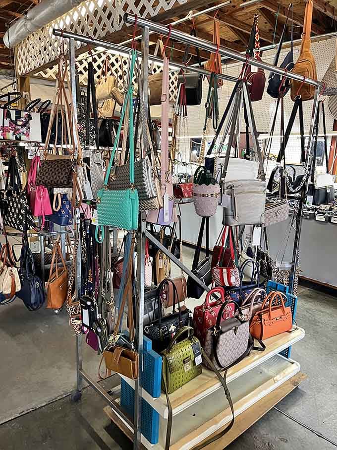 Handbag heaven for the fashion-forward bargain hunter. Designer lookalikes and unique finds dangle temptingly, waiting to become your new favorite accessory.