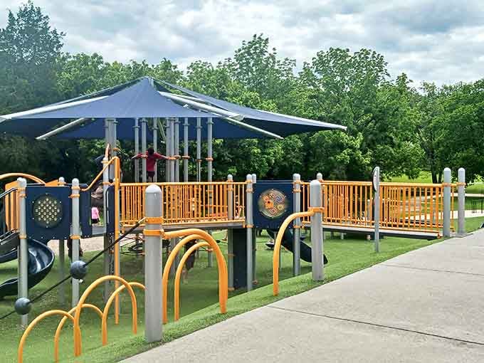 Hardin Park's playground offers state-of-the-art fun for the grandkids while providing convenient benches for grandparents who "just need to rest their eyes."