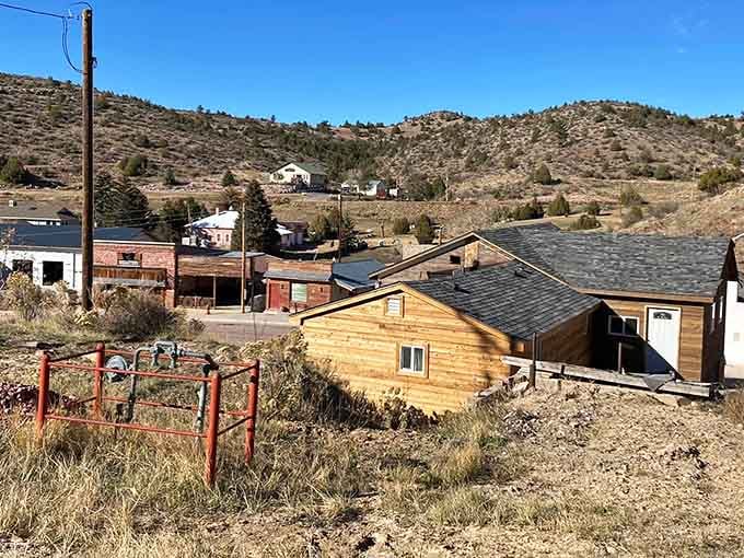 From this hillside vantage point, Hartville reveals itself as a collection of sturdy buildings nestled among Wyoming's rolling hills, each structure a chapter in its ongoing story.