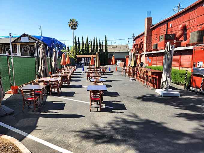 Outdoor patio seating for California weather, because eating great barbecue under palm trees just makes sense out here.