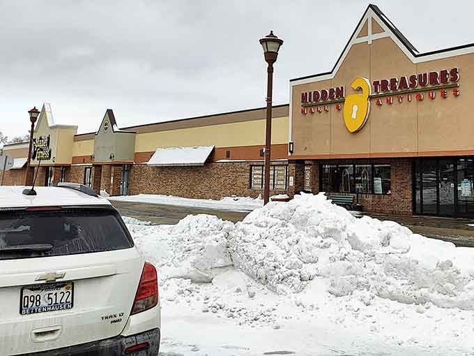 The parking lot after a snowstorm, because even winter weather can't stop determined bargain hunters from their appointed treasure rounds.