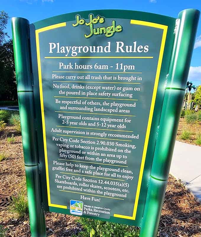 Clear playground rules posted prominently, though let's be honest, kids will still try creative interpretations of them.