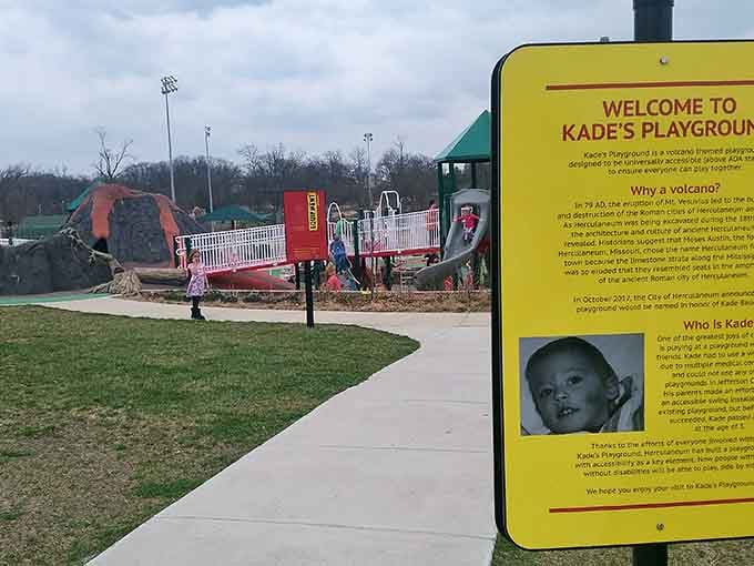 This informational sign tells the heartwarming story behind the playground and its mission of inclusive, unlimited play for all.
