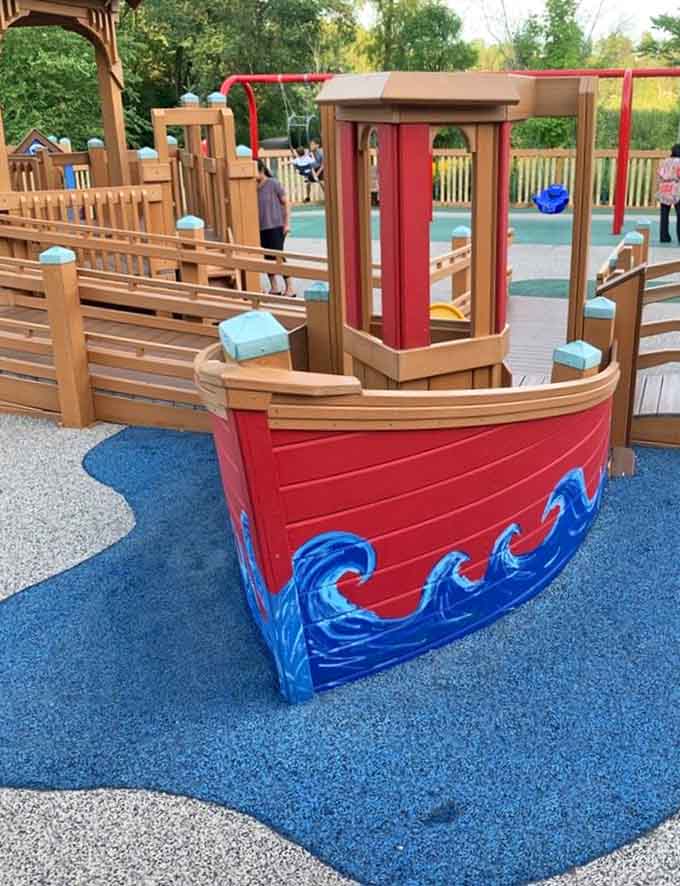 That cheerful boat structure sailing on blue waves invites young captains to embark on countless imaginary ocean adventures.