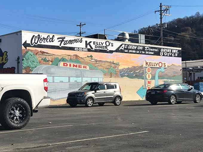 That painted diner on the wall captures the spirit perfectly, a love letter to classic American breakfast culture.