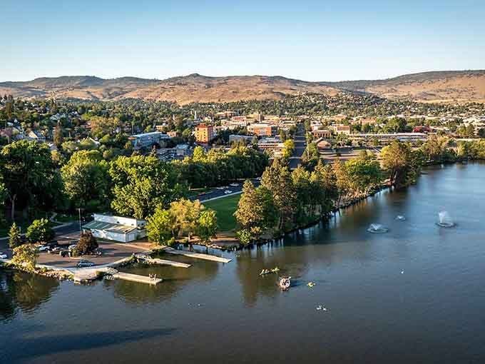 From above, Klamath Falls reveals its perfect balance &ndash; where urban convenience meets natural splendor at the water's edge.