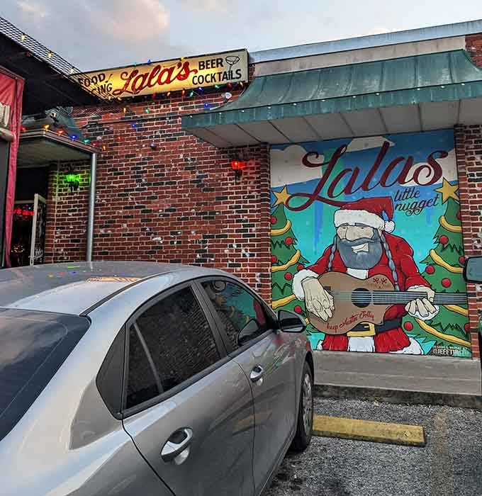 Even the parking lot gets the festive treatment because commitment means decorating absolutely everything.