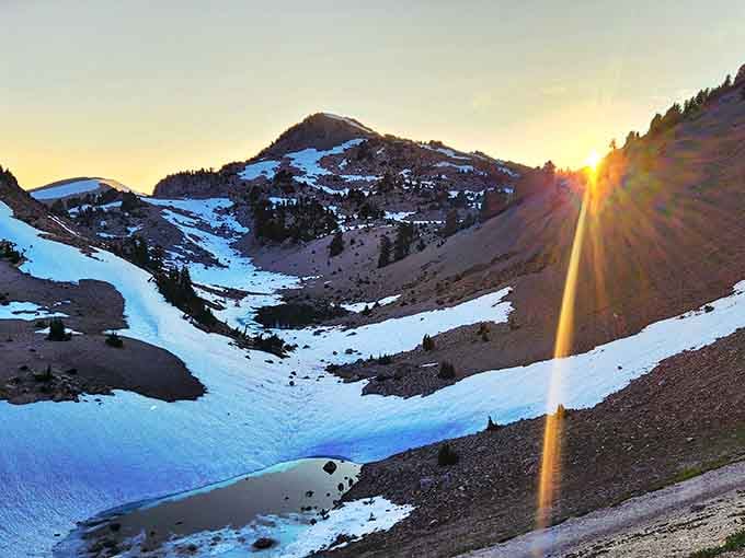 Sunset paints the snowy landscape in golden hues, rewarding early risers with nature's most spectacular light show.