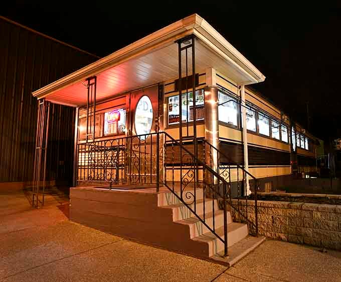 Even at night, this train car diner glows with promise of tomorrow's breakfast, patiently waiting for morning's first customers.