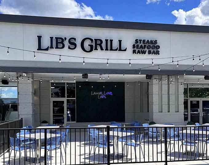 The storefront beckons with string lights and promises of steaks, seafood, and those legendary apple pie pancakes.