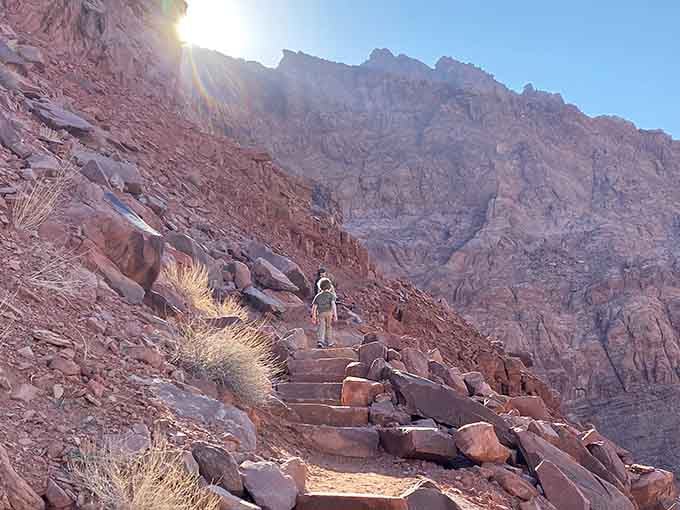 Sunlit stone steps climbing toward towering canyon walls where hikers follow paths carved by determined settlers seeking water and hope.