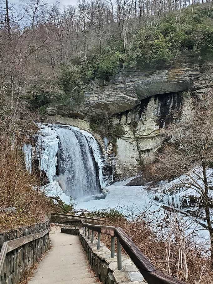Winter transforms Looking Glass Falls into a frozen masterpiece that looks like Elsa's vacation home.