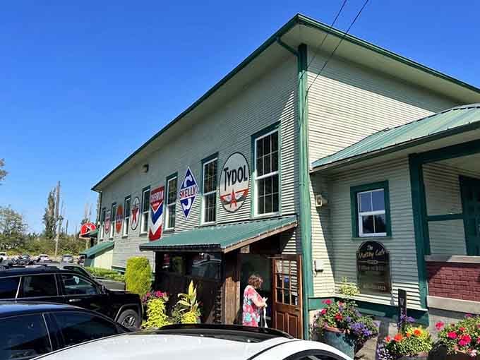 Vintage signs and flower boxes welcome you to breakfast paradise, where calories definitely don't count this far.