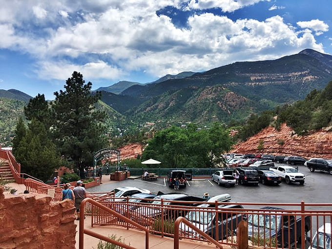 Even the parking lots offer mountain views, because in Manitou Springs, scenery comes standard with everything.