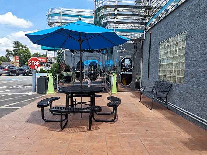 Even the outdoor seating area maintains that retro charm, perfect for enjoying Georgia sunshine with your meal.