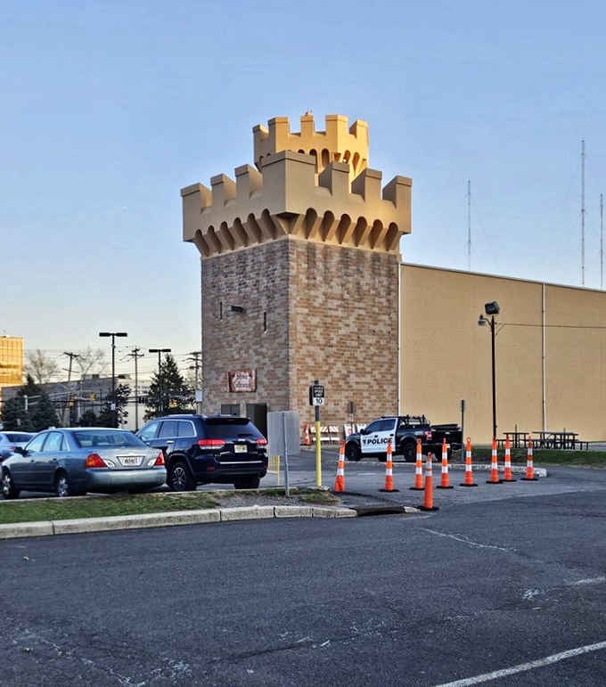 The parking lot view confirms you're still in New Jersey, despite the castle's best efforts otherwise.