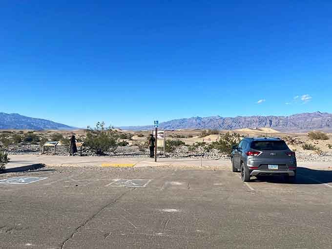 The parking area offers easy access to otherworldly landscapes, proving adventure doesn't always require a grueling expedition.
